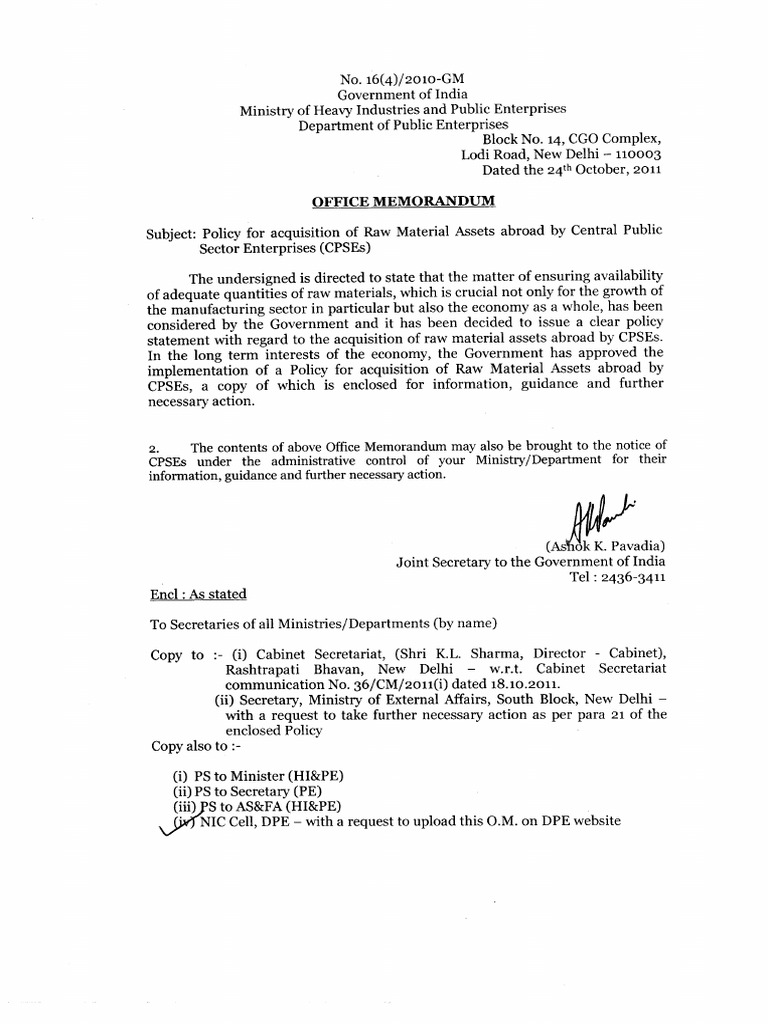 Dipam Circular-Guidelines For PSU Acquiring Assets Abroad | PDF