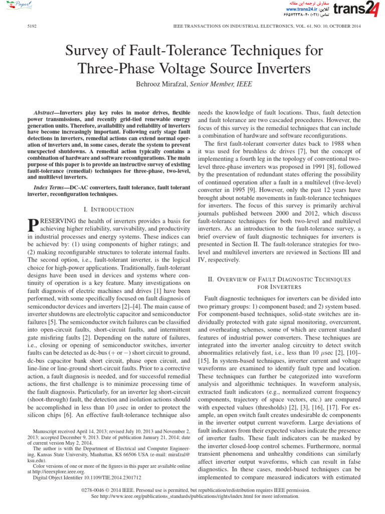 Survey of Fault-Tolerance Techniques For Three-Phase Voltage Source Inverters | PDF | Power ...