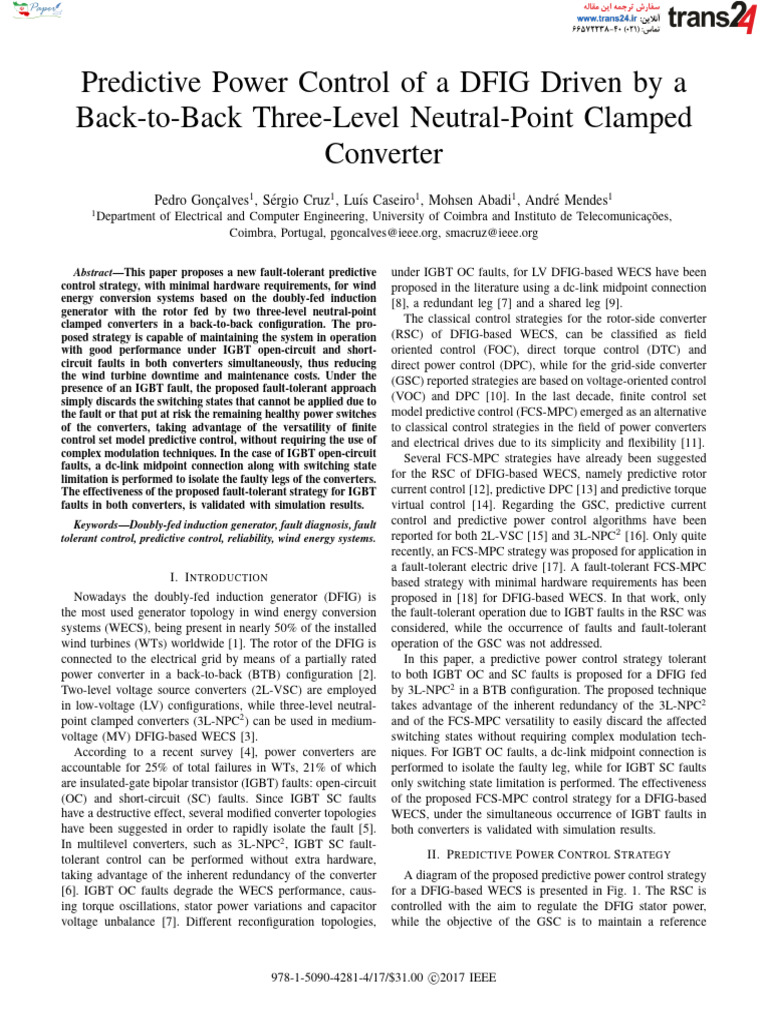 Predictive Power Control of A DFIG Driven by A Back-to-Back Three-Level ...