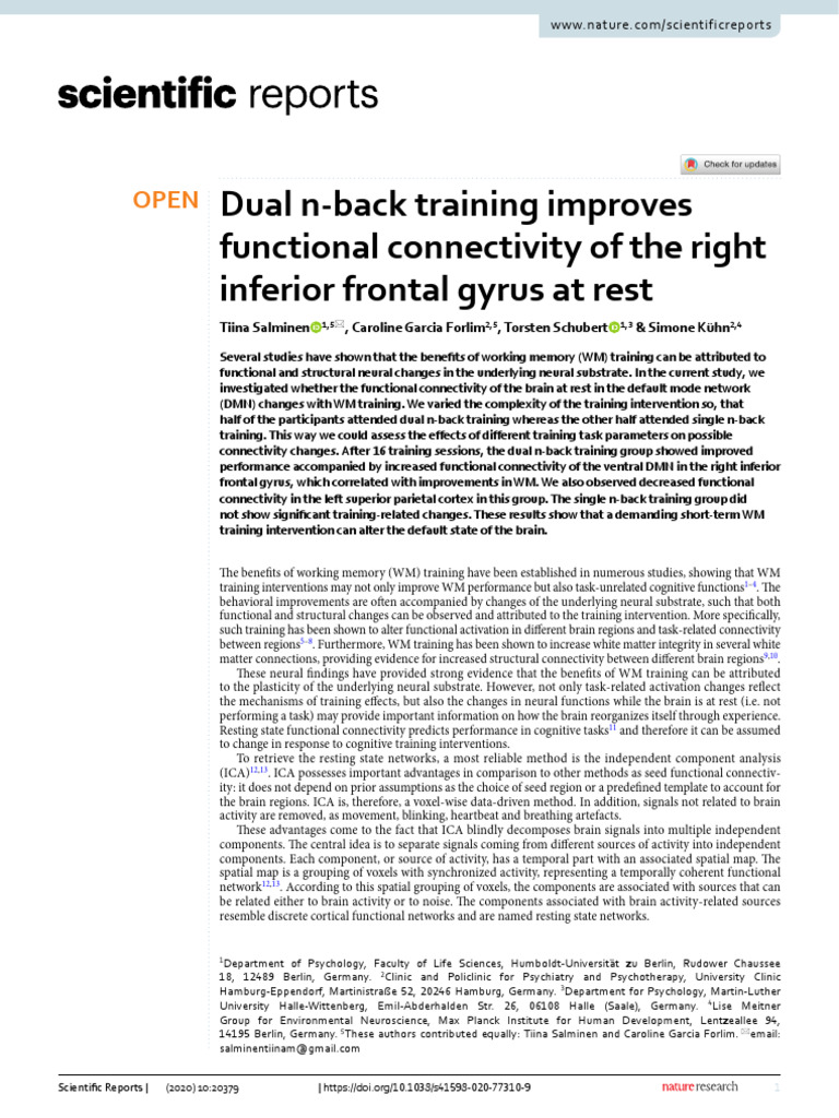 Dual N Back Training Improves Functional Connectivity of The Right ...