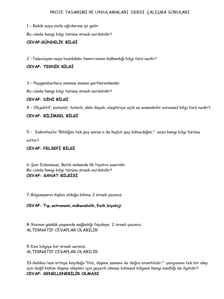 Proje Tasarimi Ve Uygulamalari Dersi̇ Çalişma Sorulari | PDF