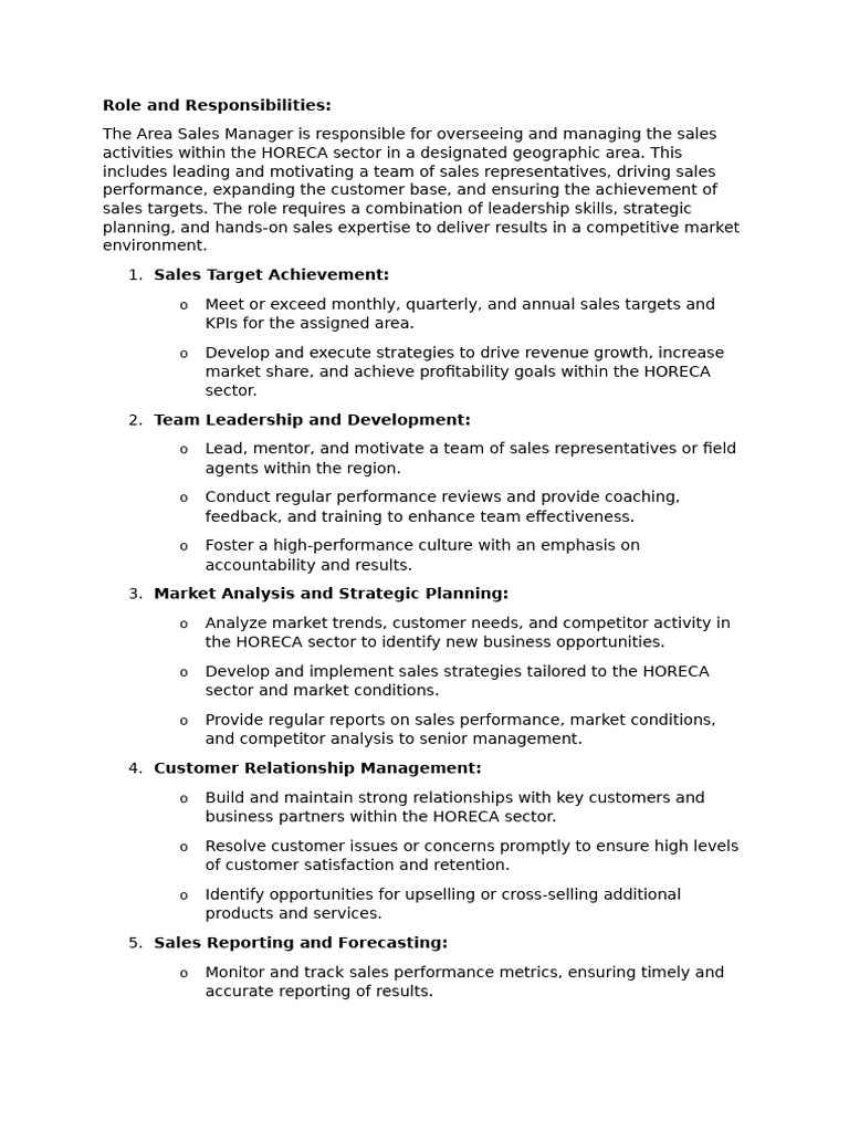 Area Sales Manager - HORECA | PDF | Sales | Customer Relationship ...