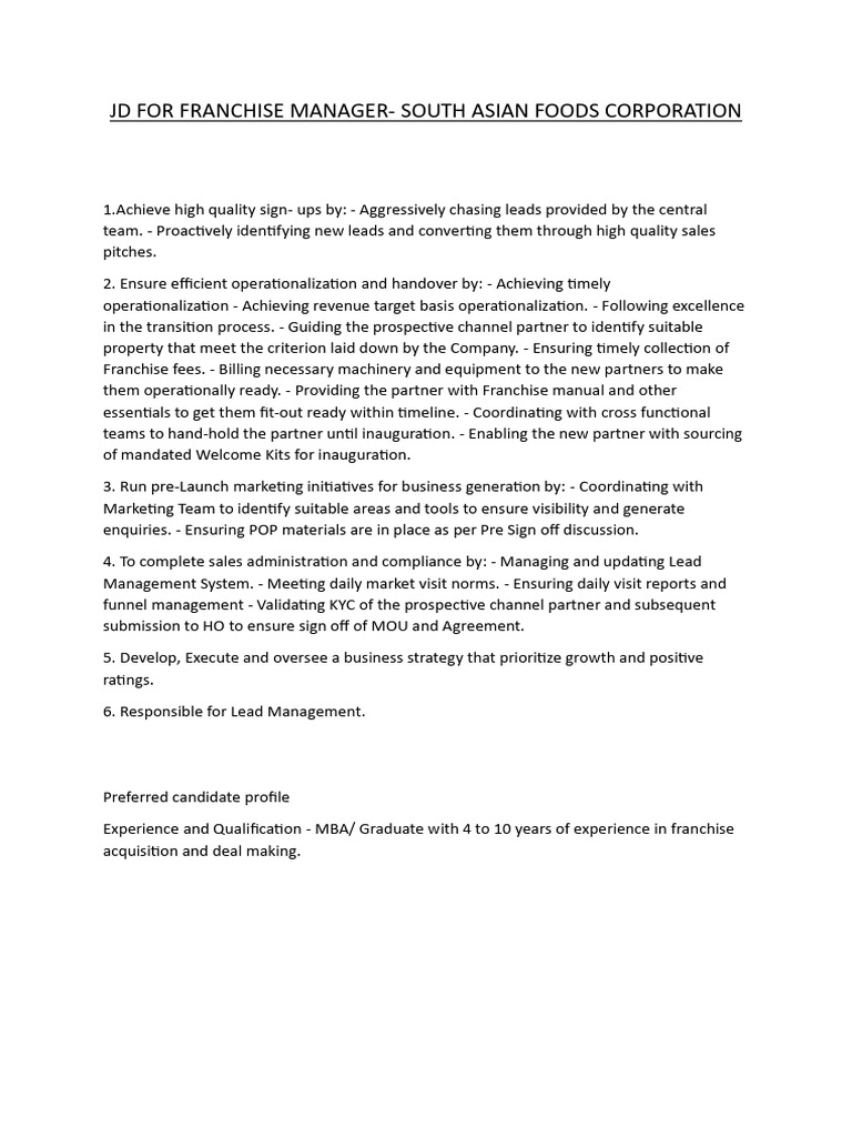 Franchise Manager Role | PDF