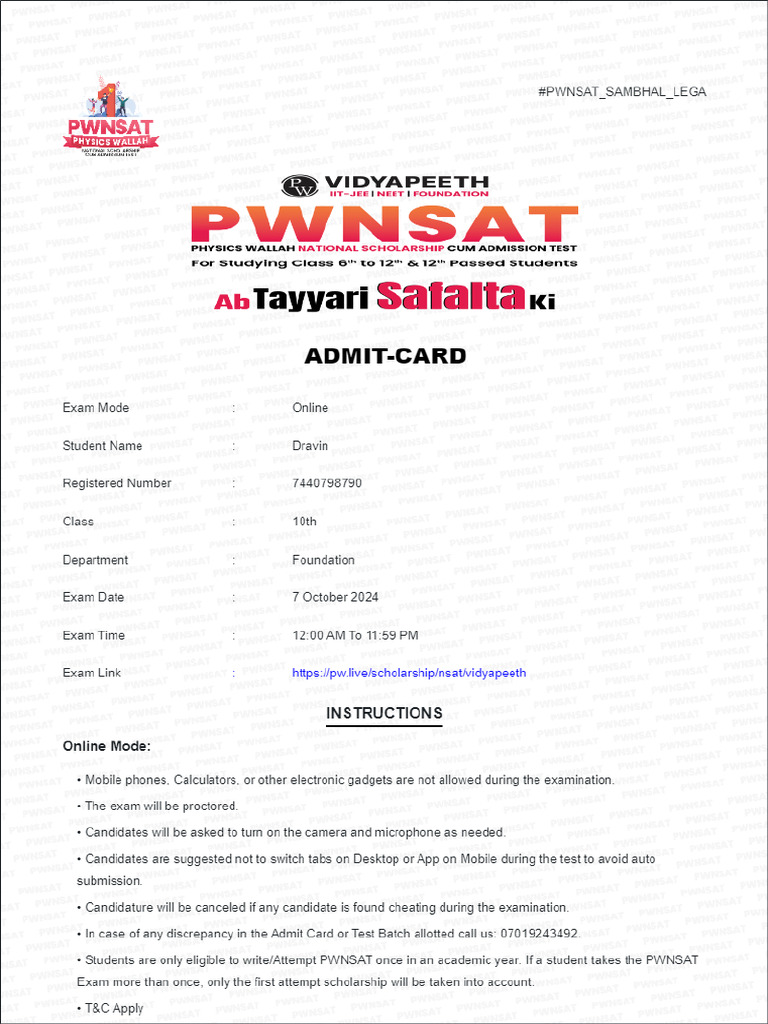 Dravin Admit Card PW Nsat | PDF