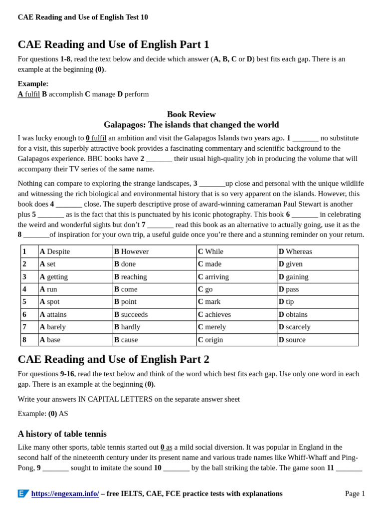 CAE Reading and Use of English Practice Test 10 Printable (2024 Edition ...