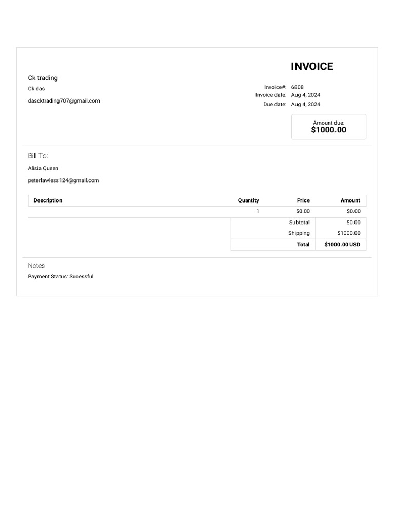 Invoice #6808 for Alisia Queen | PDF
