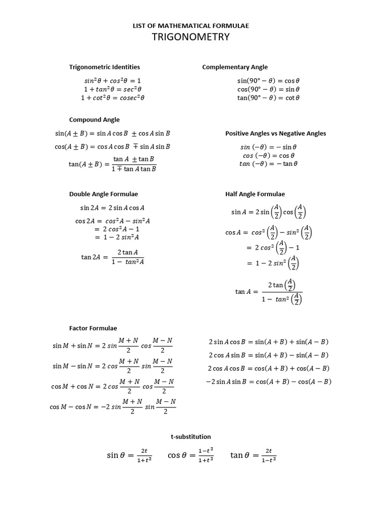LIST OF MATHEMATICAL FORMULAE-trigonometry - 240902 - 221536 | PDF