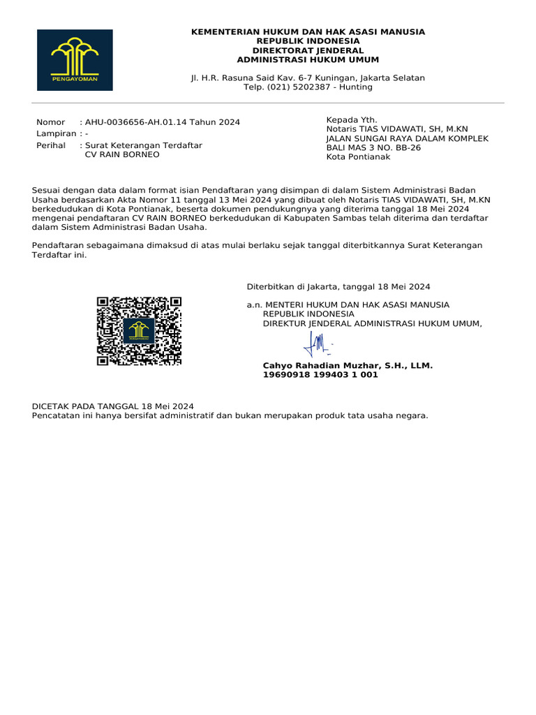 Surat Keterangan Terdaftar CV Rain Borneo | PDF