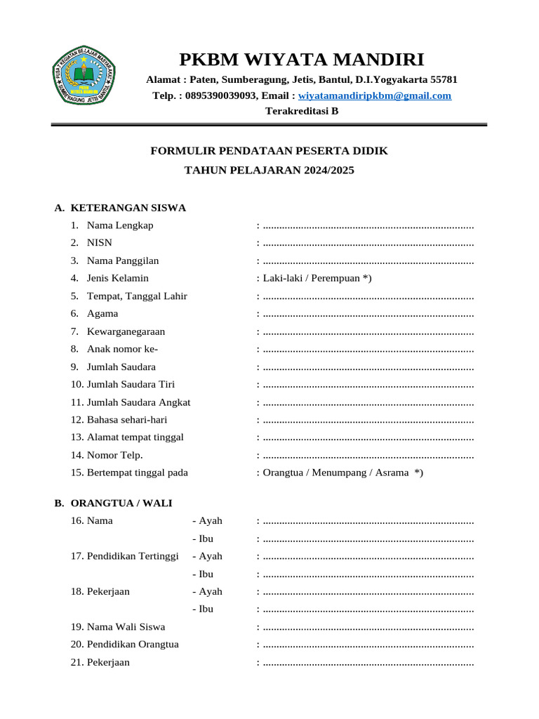 Formulir Pendataan Peserta Didik | PDF
