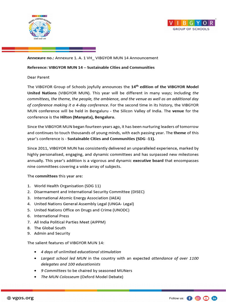 Annexure 1. A. 1 VH Vibgyor Mun 14 Announcement | PDF