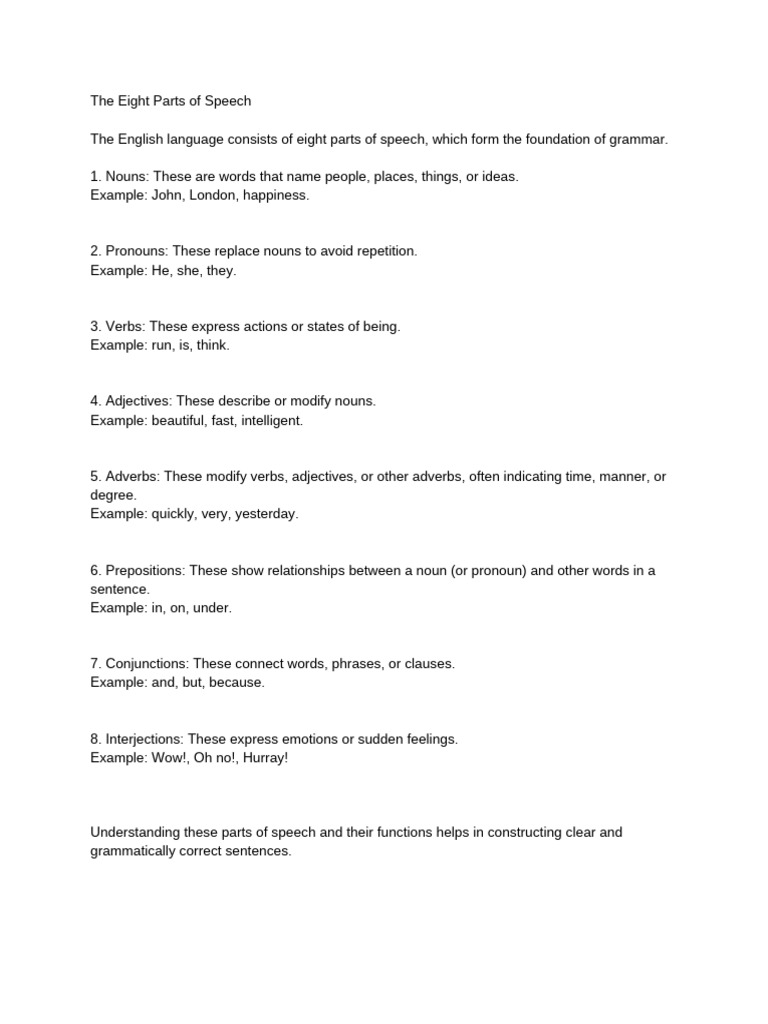 The Eight Parts of Speech | PDF
