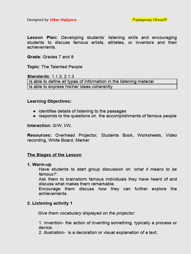 2024 Lesson Plan 2 - Talented People | PDF | Lesson Plan | Cognition