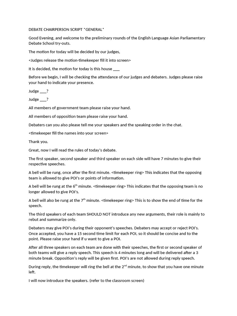 Debate Chairperson Script | PDF | Government