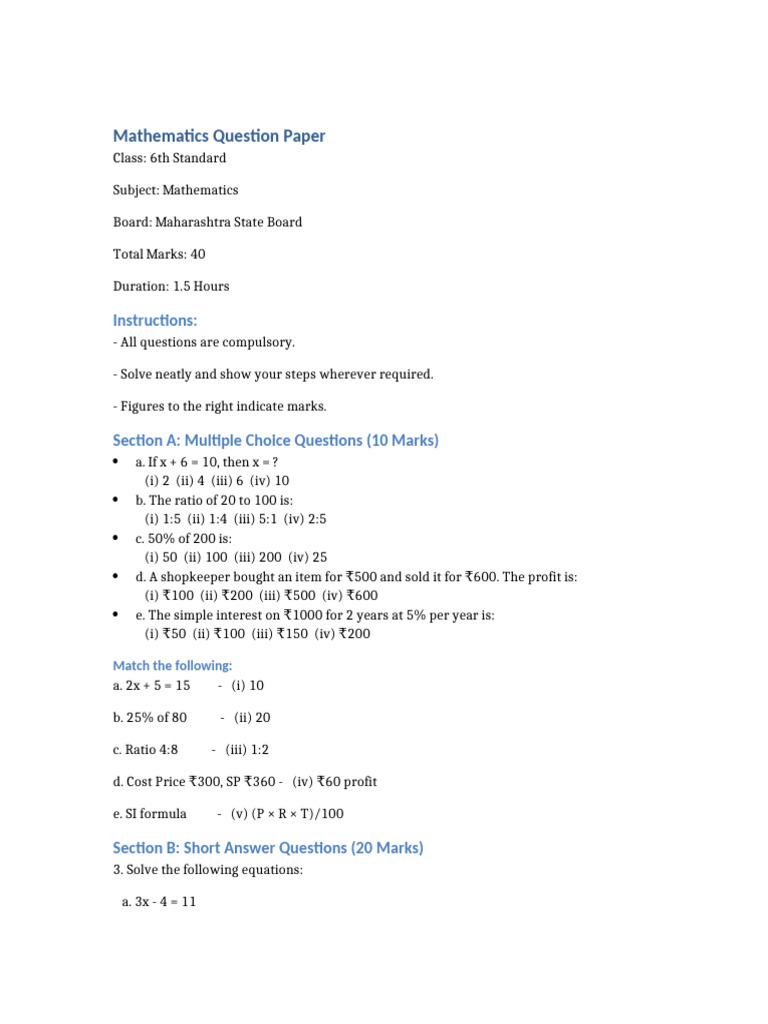 6th Standard Maharashtra Math Exam Paper | PDF