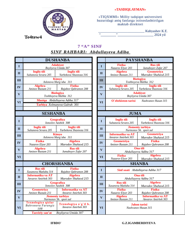 dars jadvali 04.09.2024 yil - копия | PDF