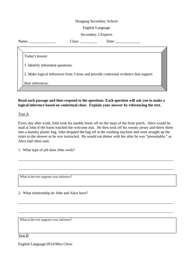 Worksheet For 2E4 Making Inferences 27th March | PDF