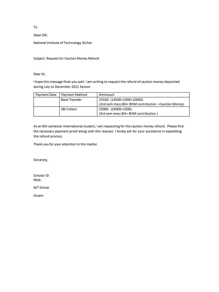 Caution Money Refund Request NIT Silchar | PDF