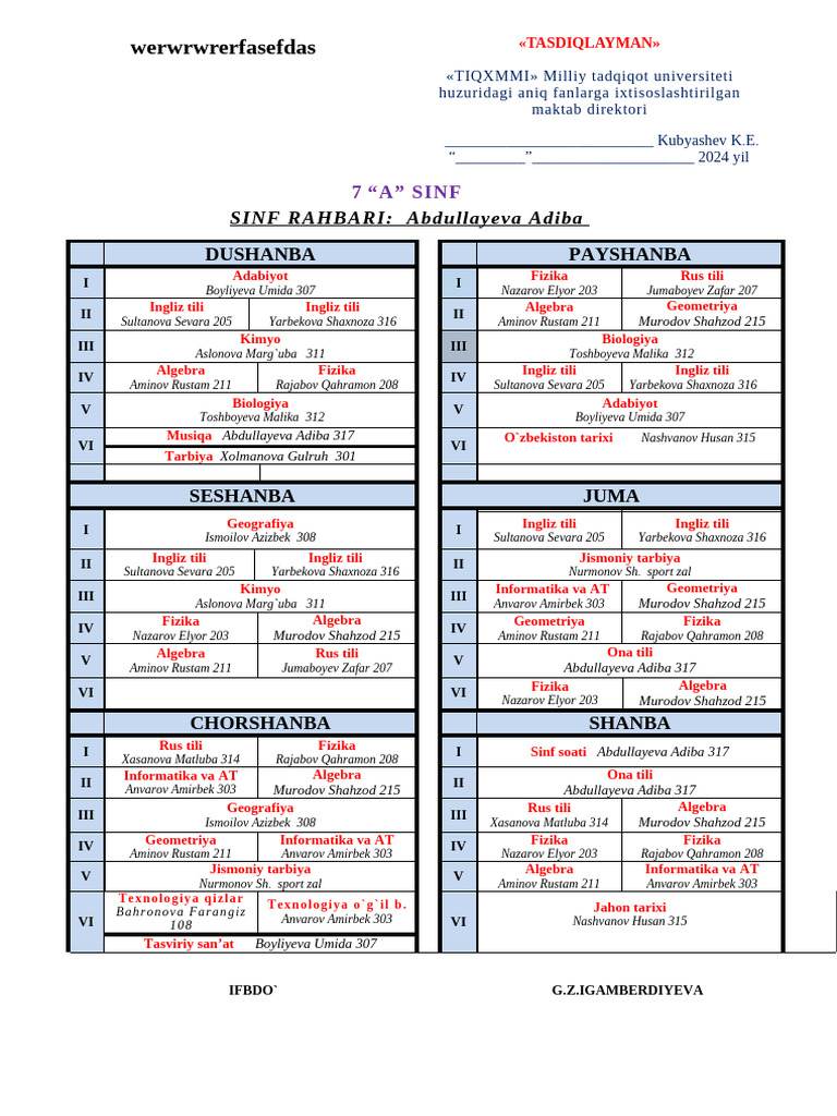 dars jadvali 04.09.2024 yil — копия | PDF