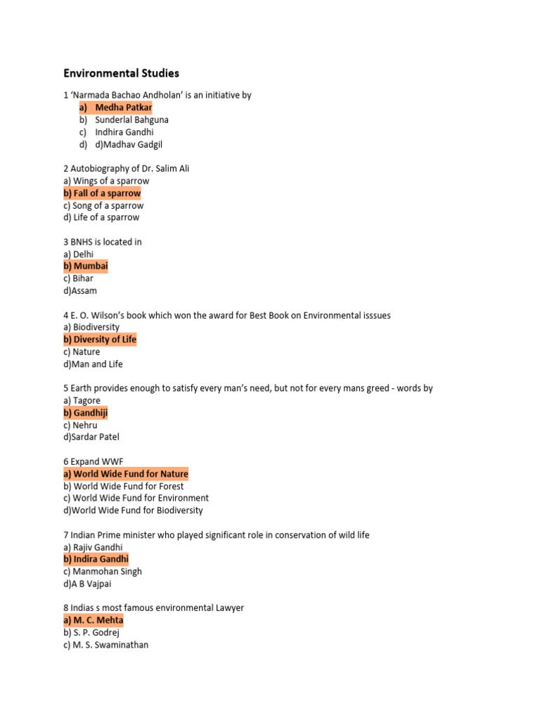 Environmental Studies Imp Mcq Marked | PDF | Earth Sciences | Food Web