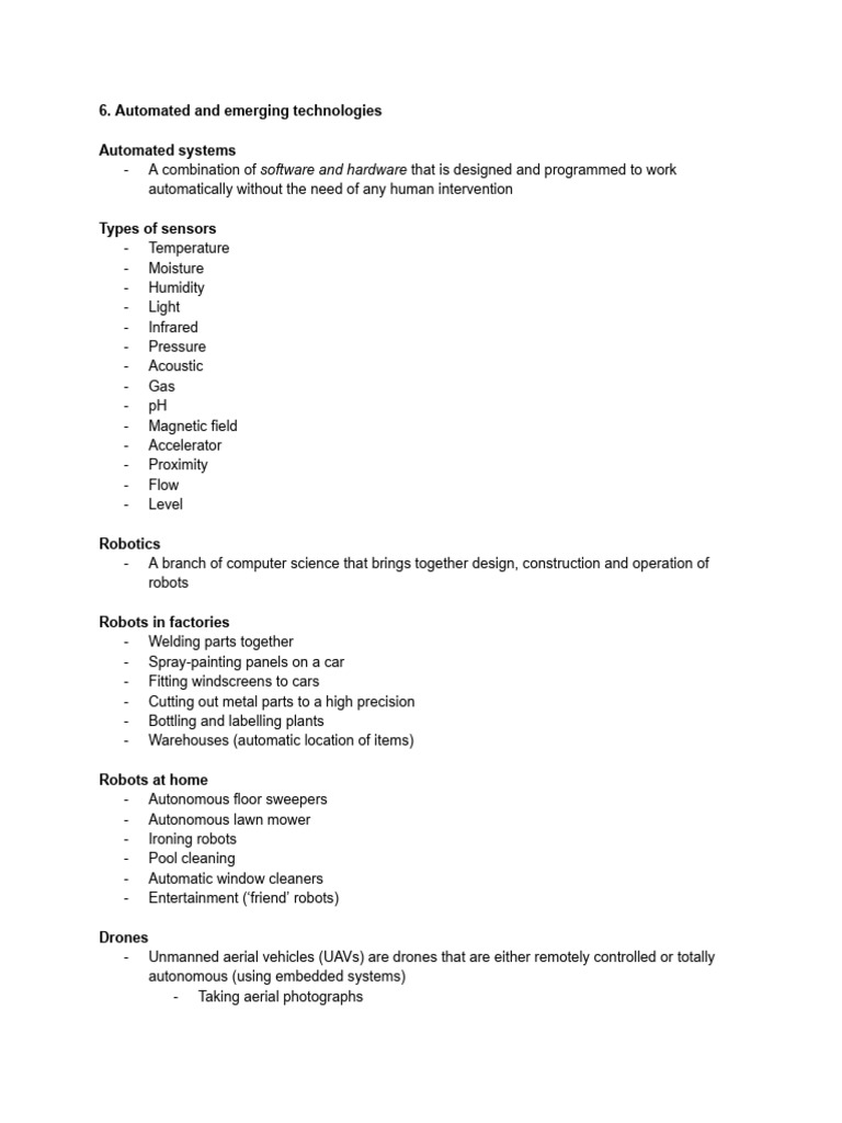 Igcse Automated And Emerging Technologies Notes Pdf Robot Robotics