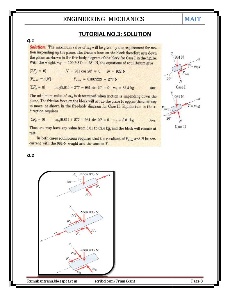Solutions To The Tutorial (No. 3) of Engineering Mechanics (First ...