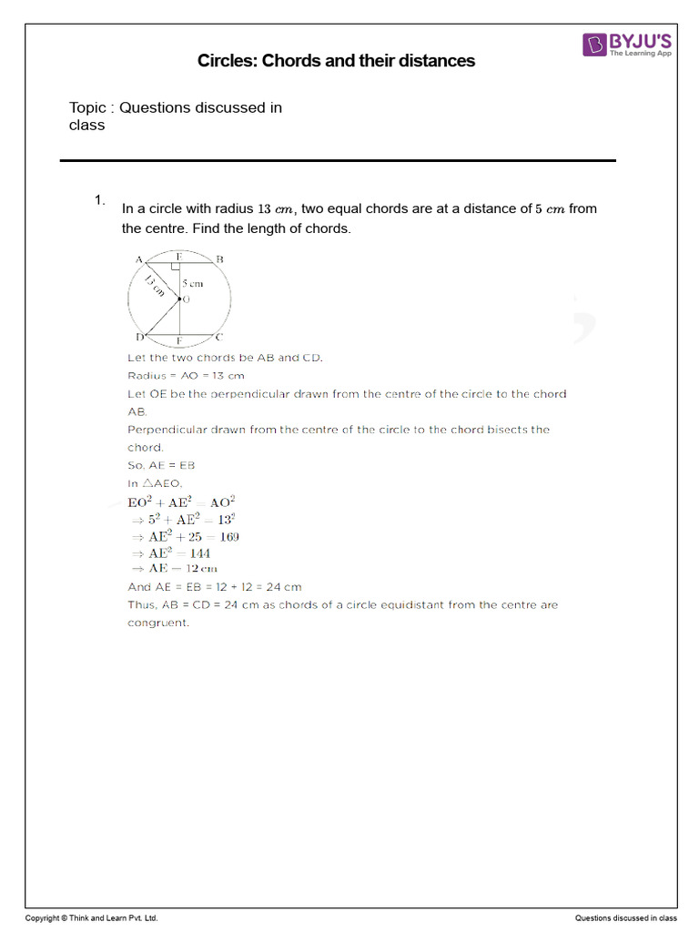 Circles - Chords and Their Distances - in Class | PDF | Circle ...