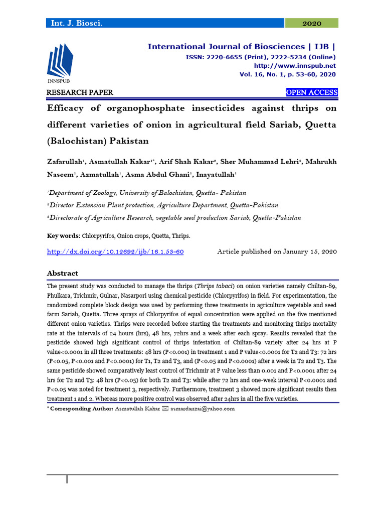 Efficacy of organophosphate insecticides against thrips on different varieties of onion in ...