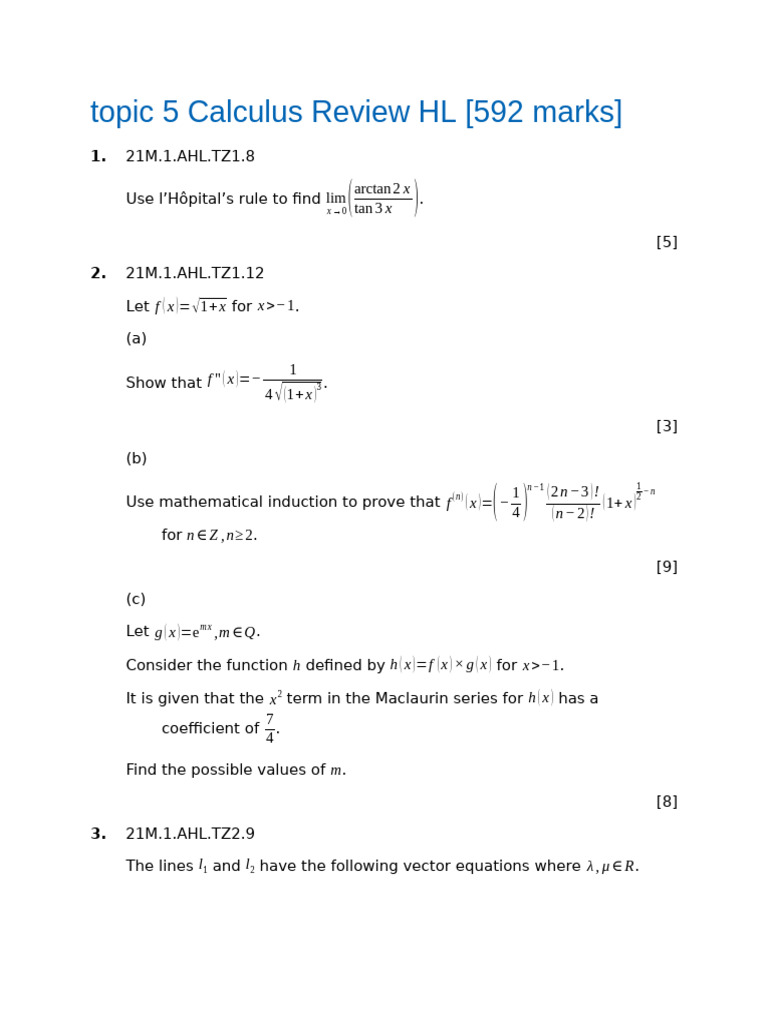 Topic 5 Calculus Review HL | PDF | Function (Mathematics) | Length