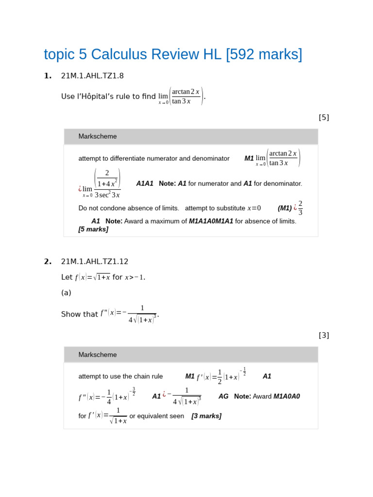 Topic 5 Calculus Review HL (1) | PDF | Asymptote | Algebra