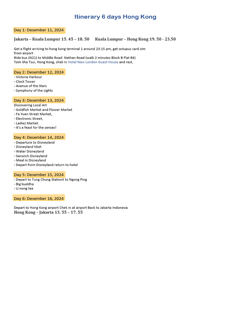 Itinerary 6 Days Hong Kong | PDF
