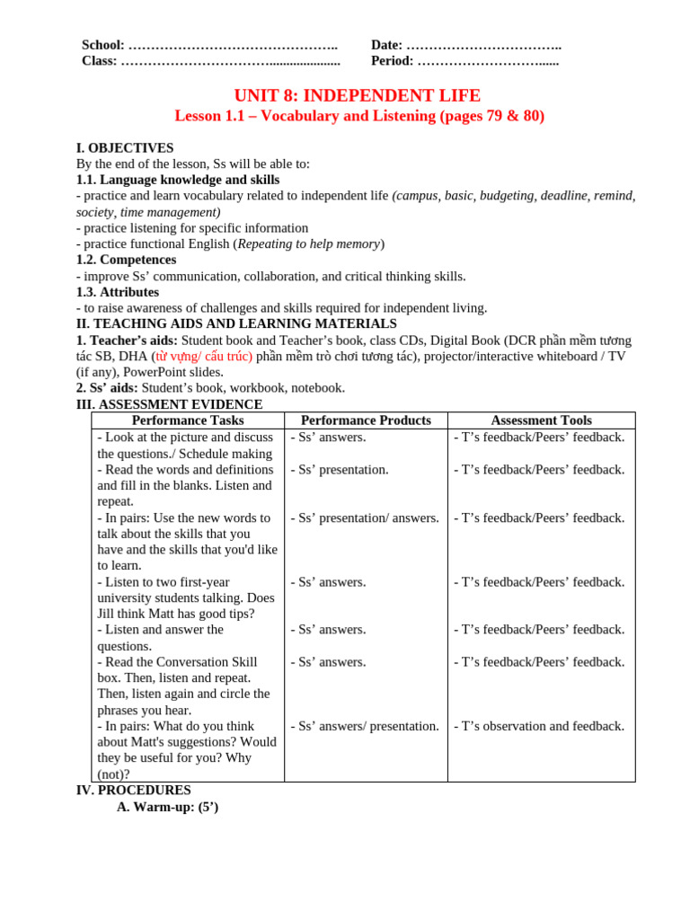 Grade 7 Unit 8 Lesson 1 Overview | PDF | Vocabulary | Time Management
