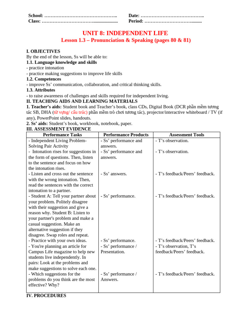 Unit 8 - Lesson 1.3 - Pronun and Speaking - Pages 80 & 81 | PDF ...