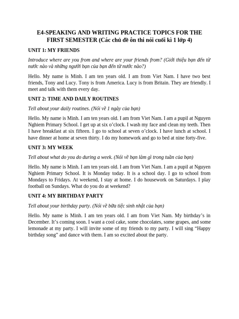 Speaking+ Writing Practice Topics Grade 4 | PDF | Vietnam