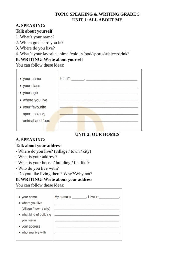 TOPIC SPEAKING + WRITING GRADE 5 (UNIT 1- UNIT 5 ) | PDF