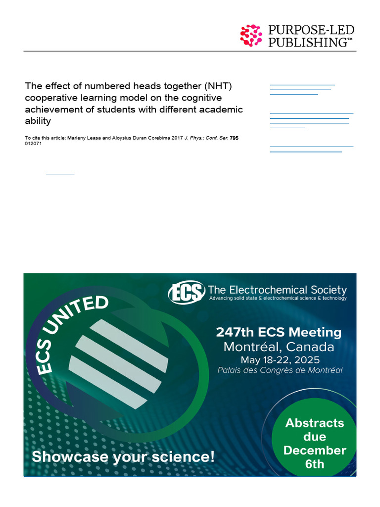 The Effect of Numbered Heads Together (NHT) Cooperative Learning Model ...