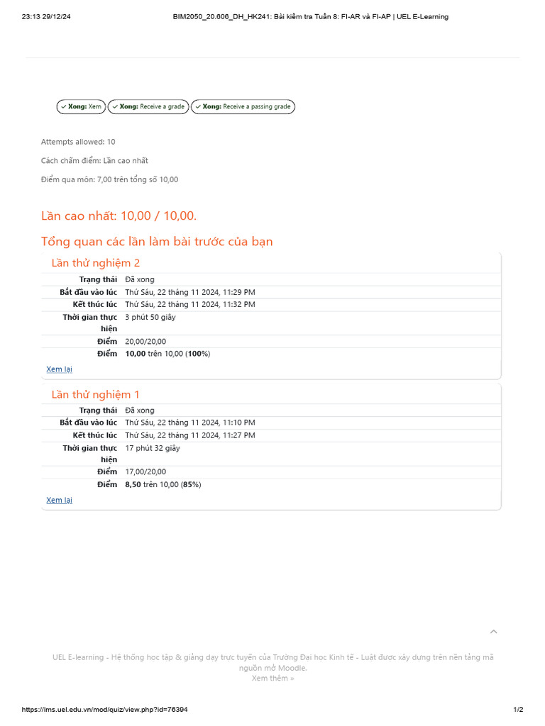 BIM2050 - 20.606 - DH - HK241 - Bài kiểm tra Tuần 8 - FI-AR và FI-AP - UEL E-Learning | PDF