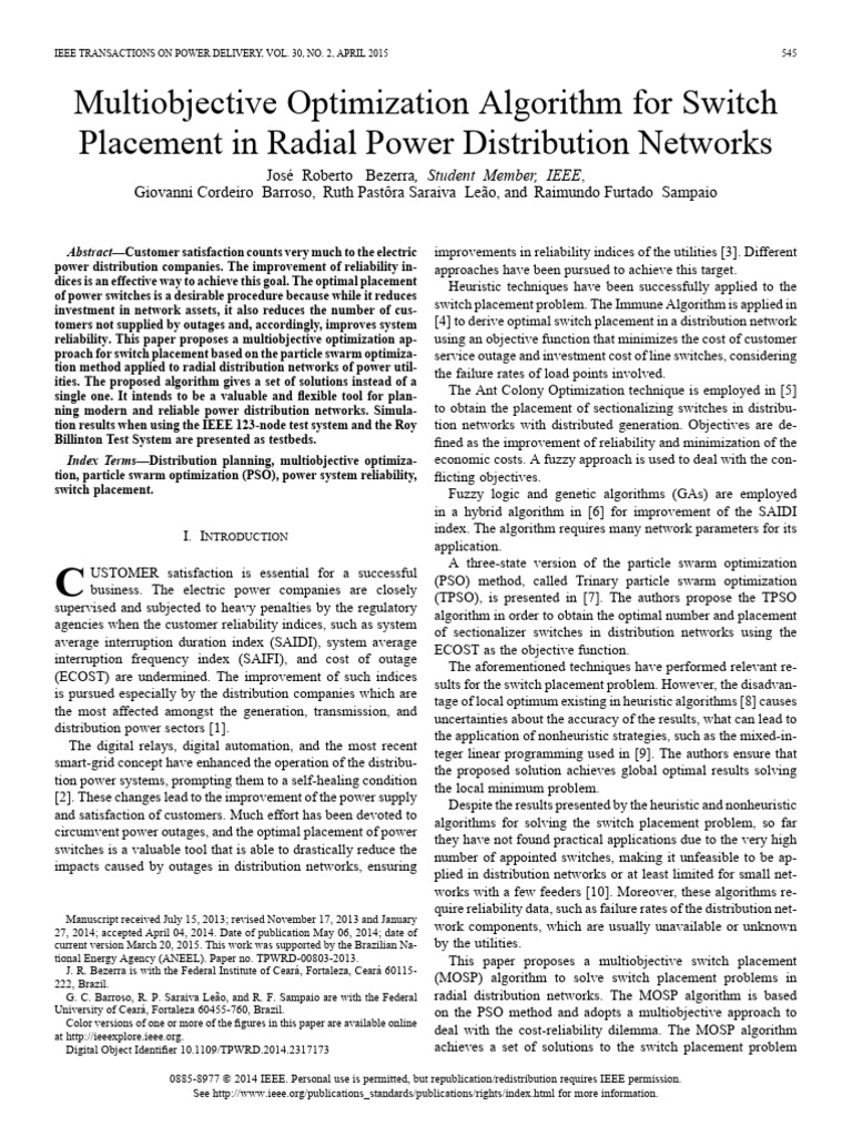 Multiobjective Optimization Algorithm For Switch Placement in Radial Power Distributi | PDF ...