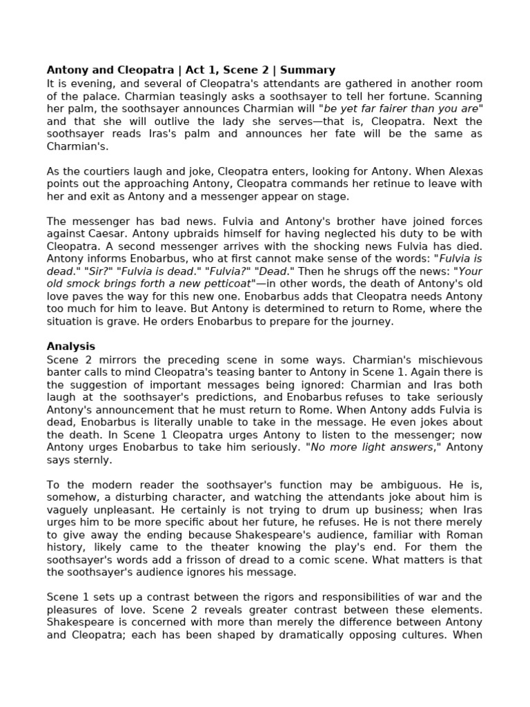 Summary and Analysis of Act 1 Scenes 3-5 and Act 2 Scene 1 | PDF | Mark Antony | Cleopatra