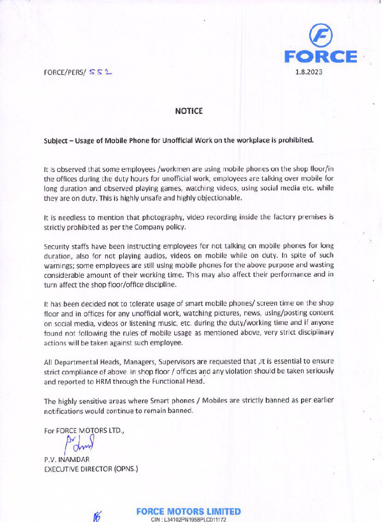 Notice_mobile usage on workplace | PDF