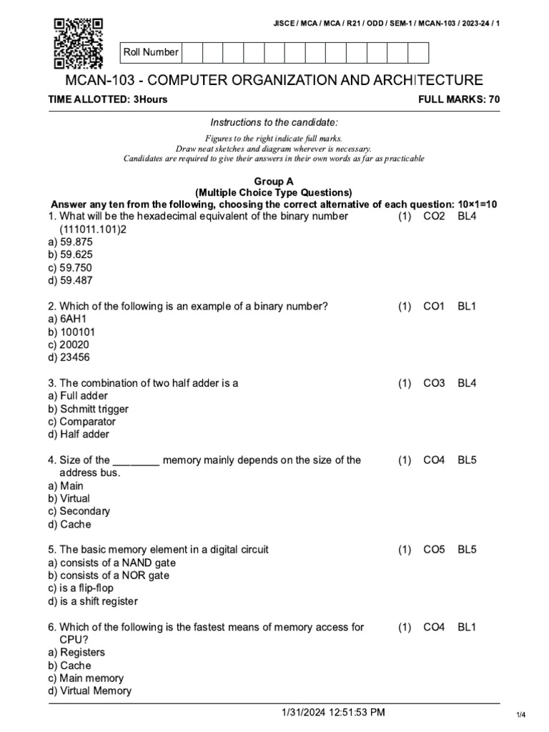 MCA_1_MCAN-103_COMPUTER ORGANIZATION AND ARCHITECTURE_R21 | PDF