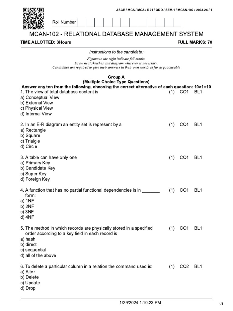 Mca 1 Mcan-102 Relational Database Management System r21 | PDF