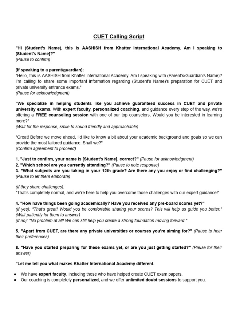 CUET Calling Script | PDF
