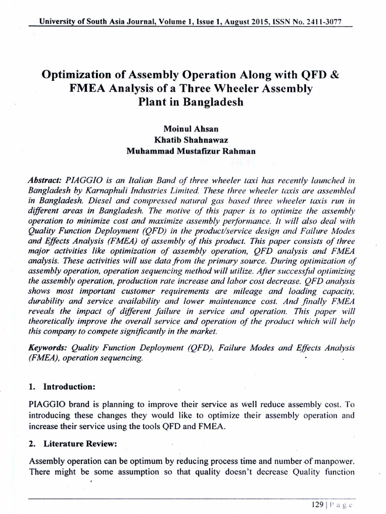 2015 Optimization of Assembly Operation Along With QFD & FMEA Analysis of A Three Wheeler ...