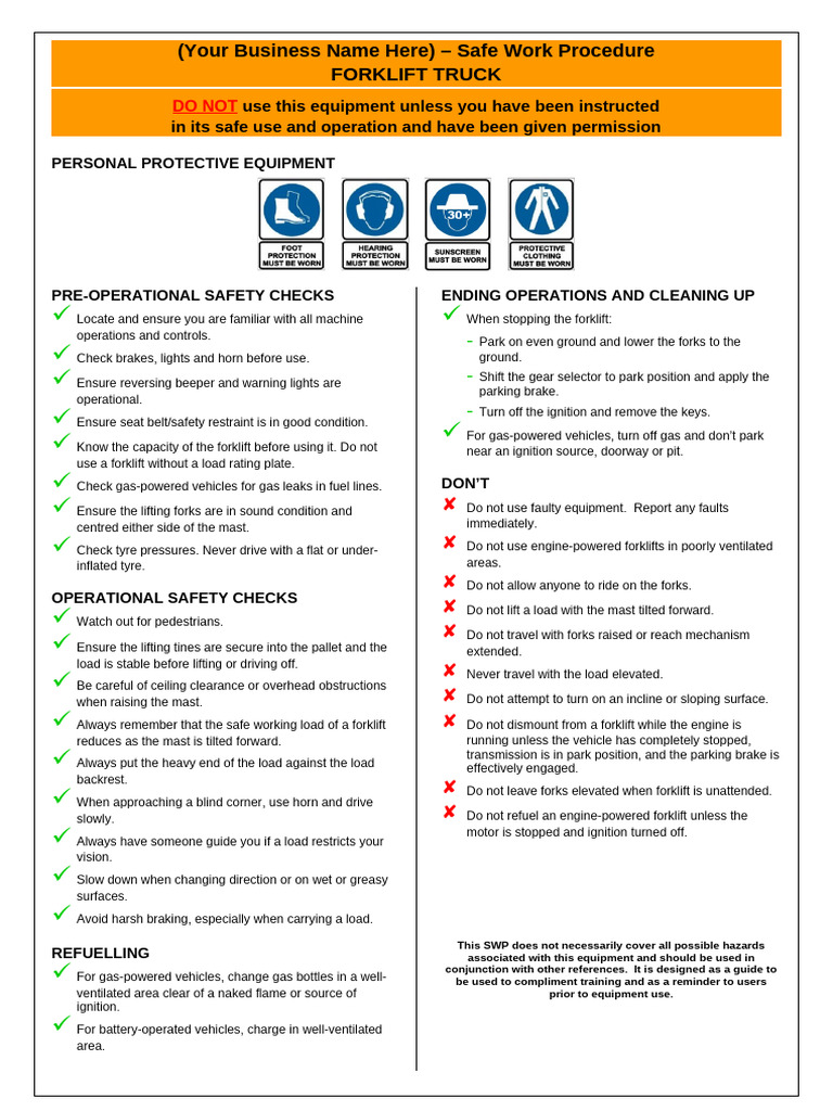 Safe Work Procedure SWP Forklift Example | PDF | Forklift | Vehicles