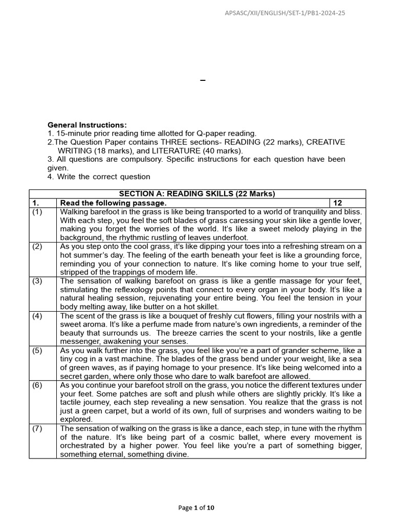 Xii Pb1 Set-1 Eng QP 24-25 | PDF | Tourism | Thought