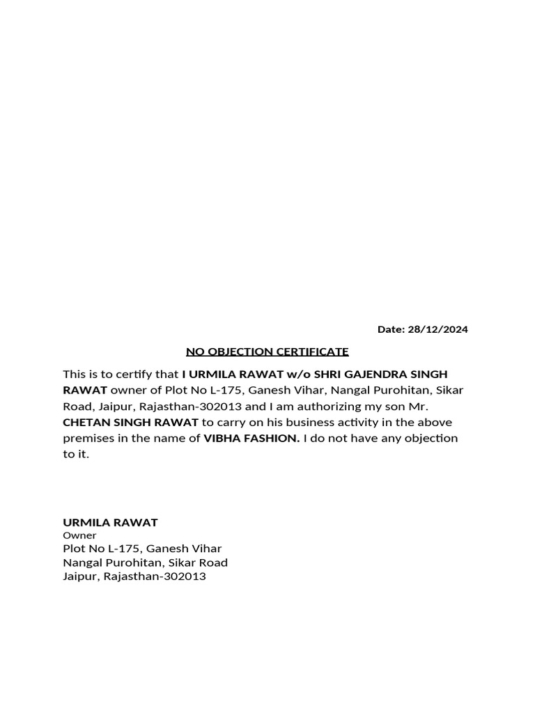 No Objection Certificate for Business | PDF