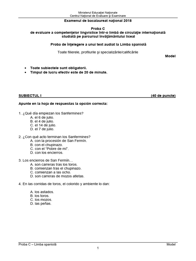 C Spaniola Audio Text Subiect Model | PDF