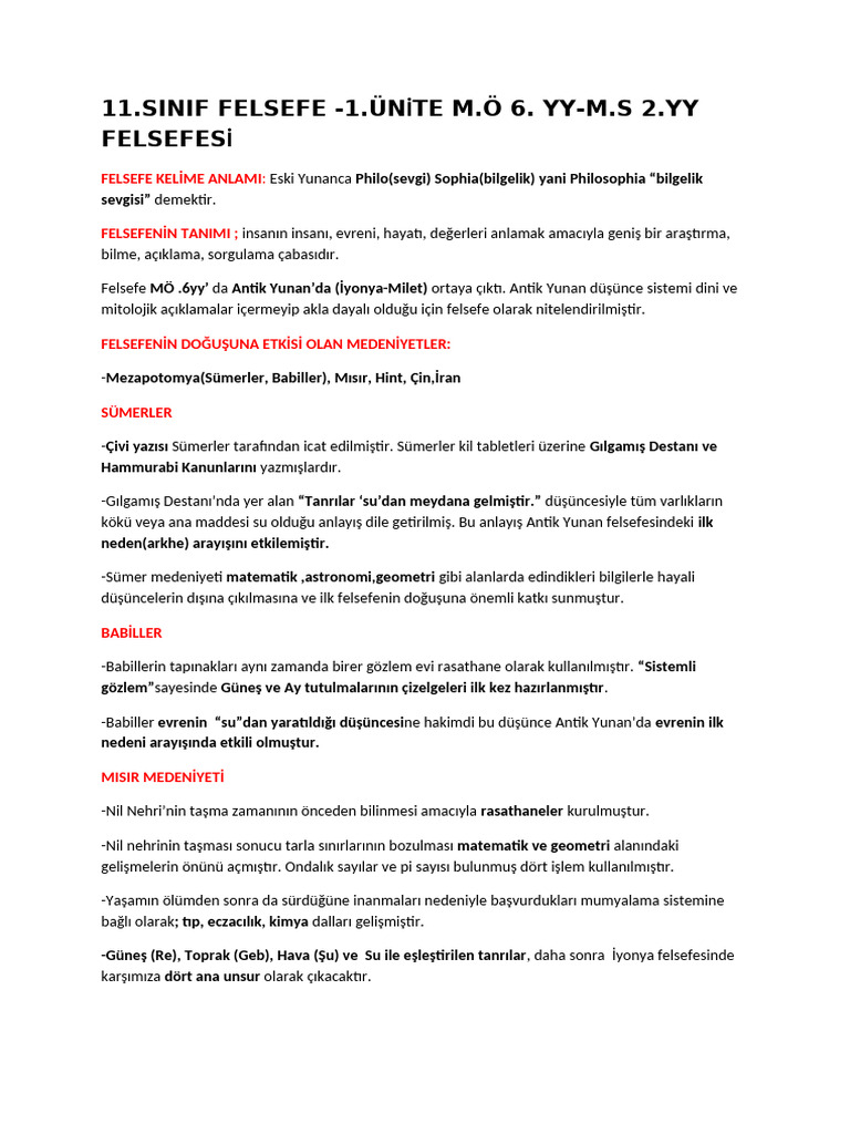 11.sinif Felsefe 1.üni̇te Ders Notu | PDF