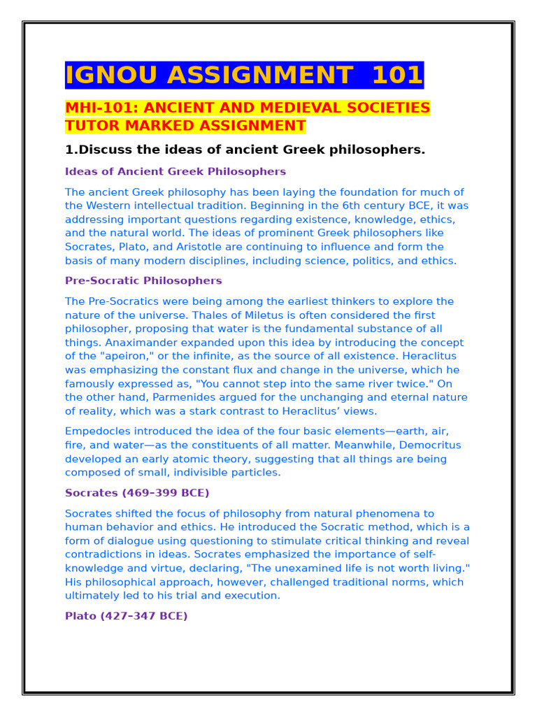 Ignou Assignment 101 | PDF | Ancient Greek Philosophy | Plato