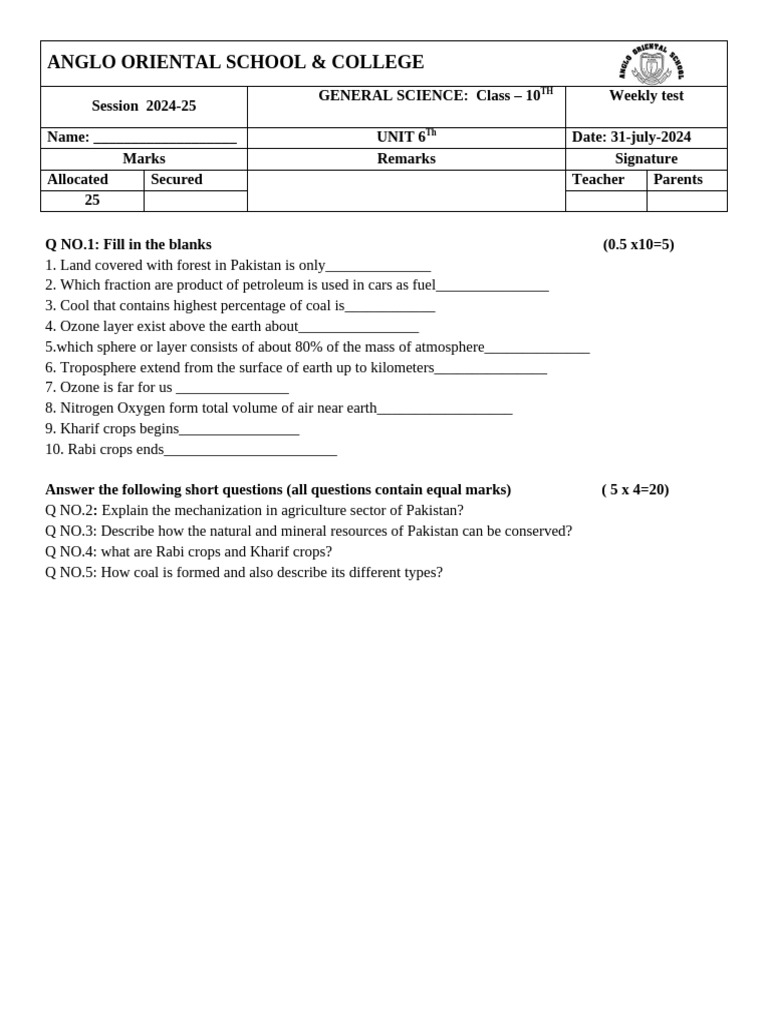 General Science Test for 10th Grade | PDF